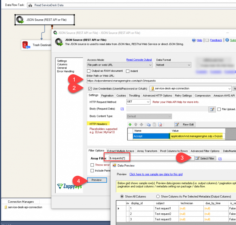 Readwrite Manageengine Servicedesk Data In Ssis Zoho Api Zappysys Blog